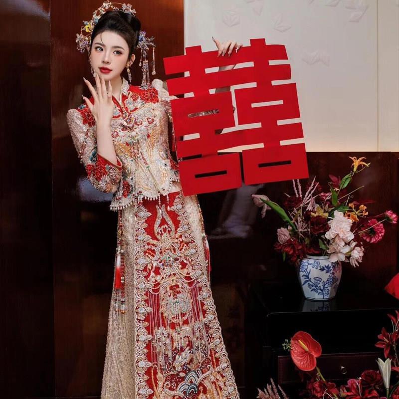 金色秀禾服新娘2025新款立领显高出阁服香槟色显瘦复古中式出阁服