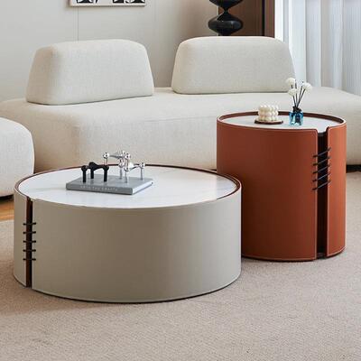 意式轻奢设计大小圆储物型茶几组合现代小户型网红创意马鞍皮桌子