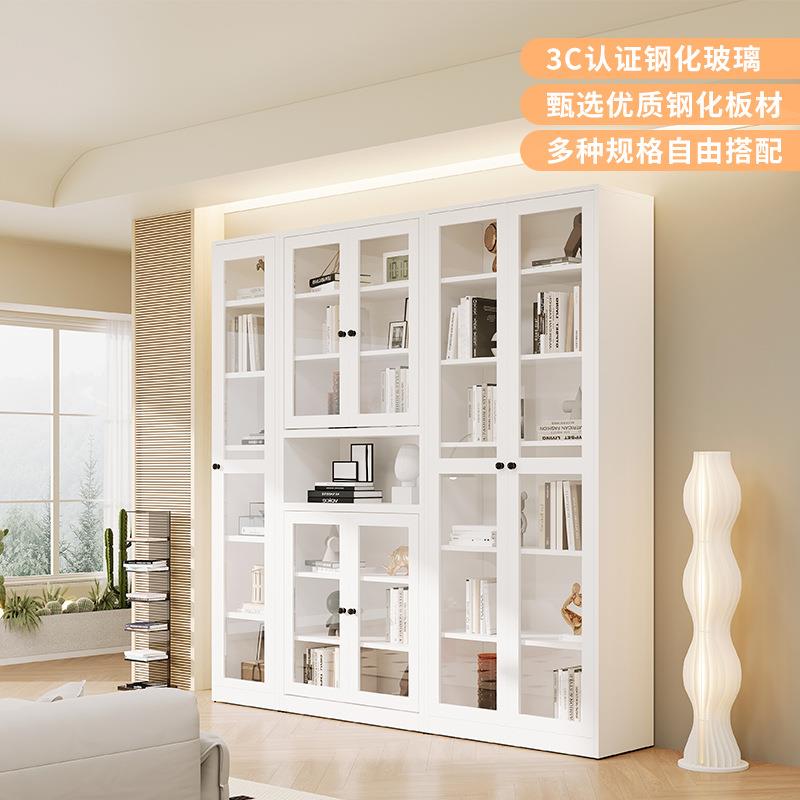 组合书柜玻璃门收纳柜落地展示柜客厅陈列柜家用奶油风多功能柜子