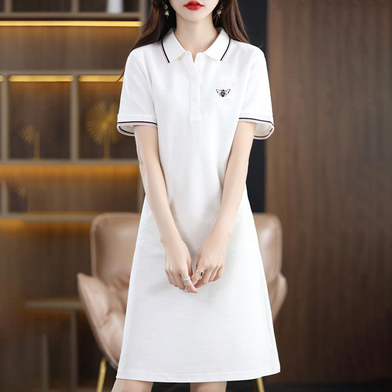 2024夏季新款刺绣女POLO衬衫领纯棉A字连衣裙休闲中长运动款T恤裙