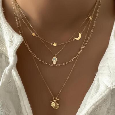 4-piece necklace set跨境饰品 恶魔之眼手掌星月项炼4件套女项饰