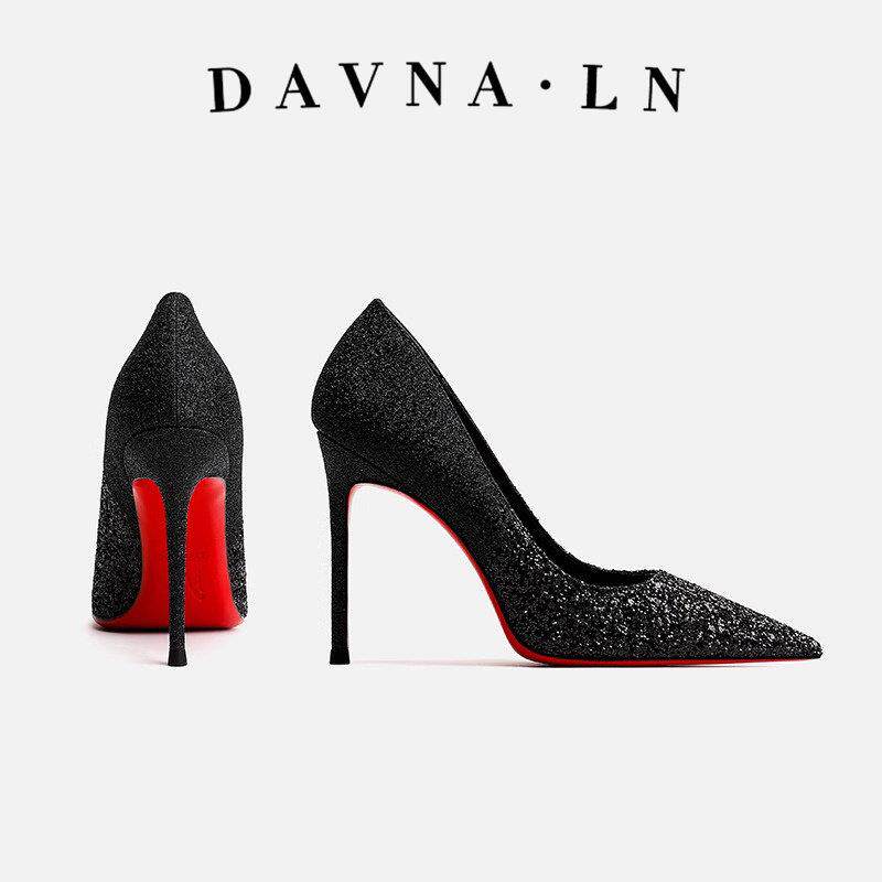 DAVNA`LN细跟高跟鞋女黑色亮片小众设计感性感单鞋女职业通勤婚鞋
