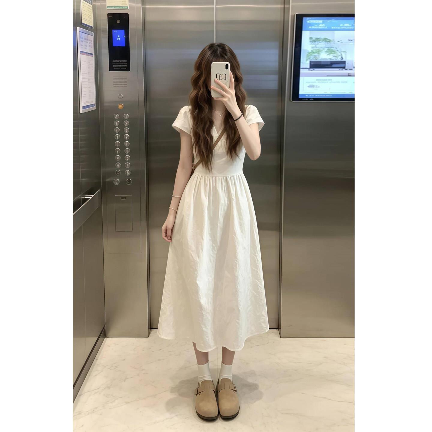 温柔风白色短袖洋装女2026夏季新款法式长裙子巨好看气质小个子