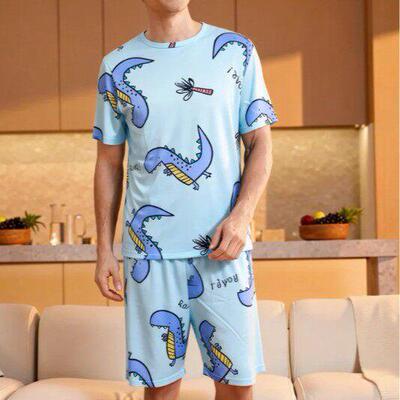 Dinosaur Print Round Neck Knit Fitted Tee &Shorts Pyjama
