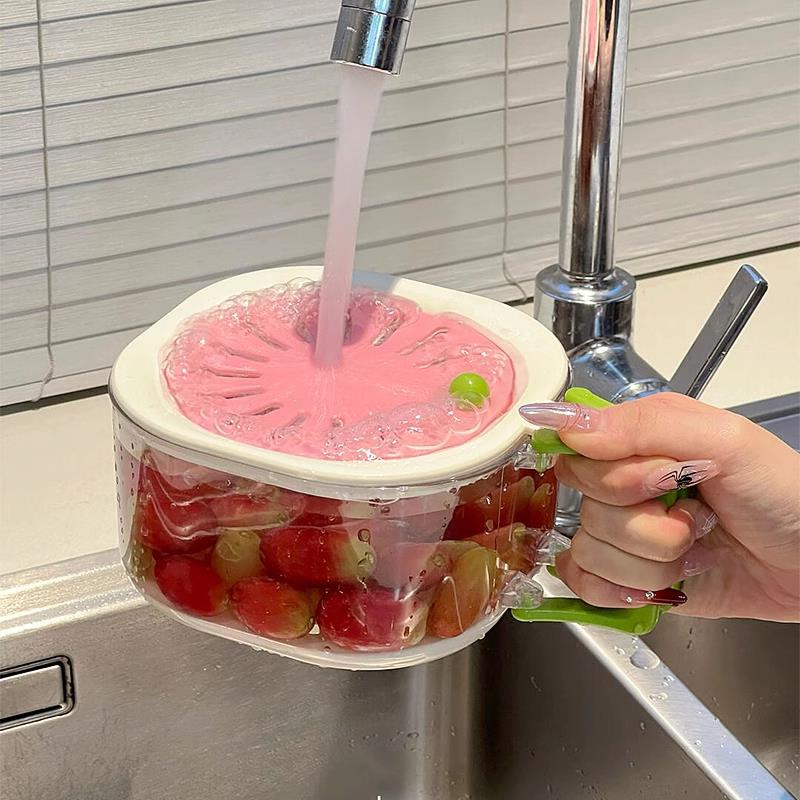 奶油风沥水篮洗果蔬双层带盖厨房可折叠多功能果盘沥水盒家用