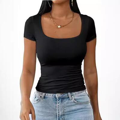 Women'S Solid Color Square Neck Tee, Basic Casual Short