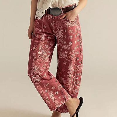 Women Boyfriend Baggy Barrel Jeans Floral Print Denim Ankle