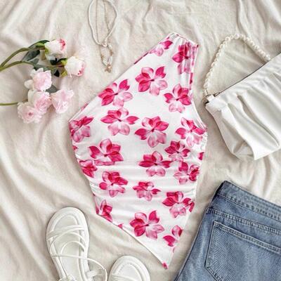 Women'S Floral Print One Shoulder Tank Top Casual Comfy Cami