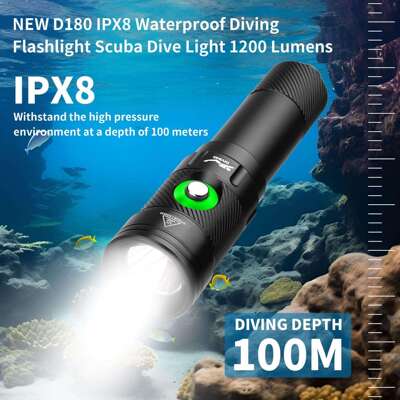 新款D180潜水电筒XPLHI备用应急防水手电1200lm赶海水下打捞照明