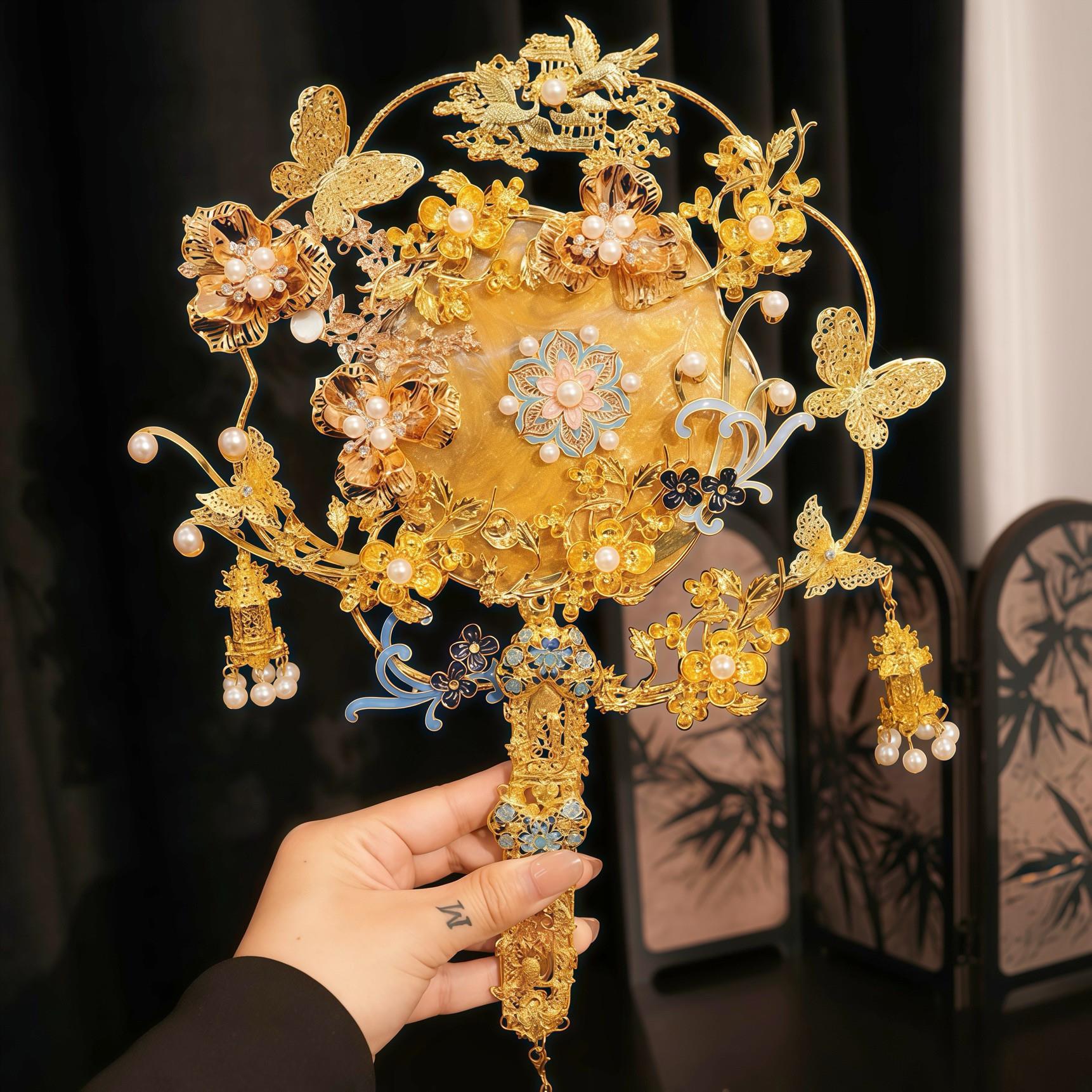 新款diy重工出嫁团扇新娘结婚材料包高级手捧花手工秀禾喜扇金色