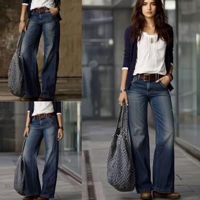 Women Waist Leg Jeans Acid Wash Elastic Pants Commuting