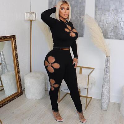 [ Plus Size ] Two-Piece Set Solid Fitted Cut Out Long Sleeve