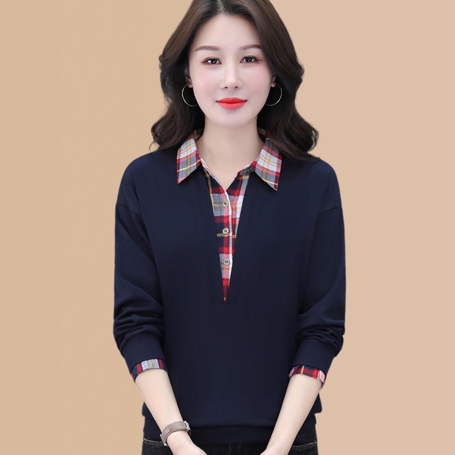 假两件卫衣女长袖2026春秋新款韩版妈妈洋气时尚减龄衬衫领格子衫