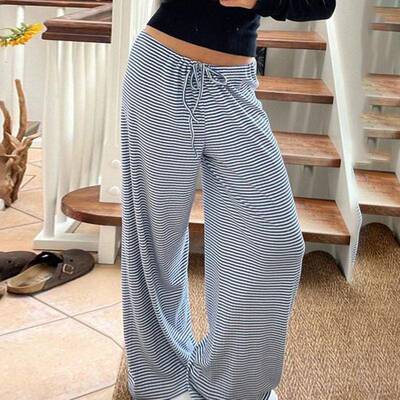 Plus Size Women's Striped Print Drawstring Wide Leg Trouser