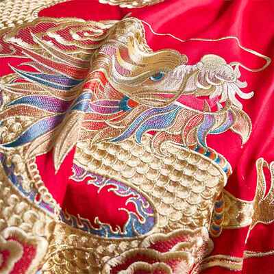 长绒棉棉庆四WWW-202件套纯婚棉大红刺全绣龙陪凤结婚嫁床上用品