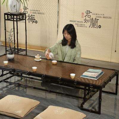9U仿古中式大漆筇竹竹制家具茶几榻榻米竹桌椅组合方桌休闲茶室茶