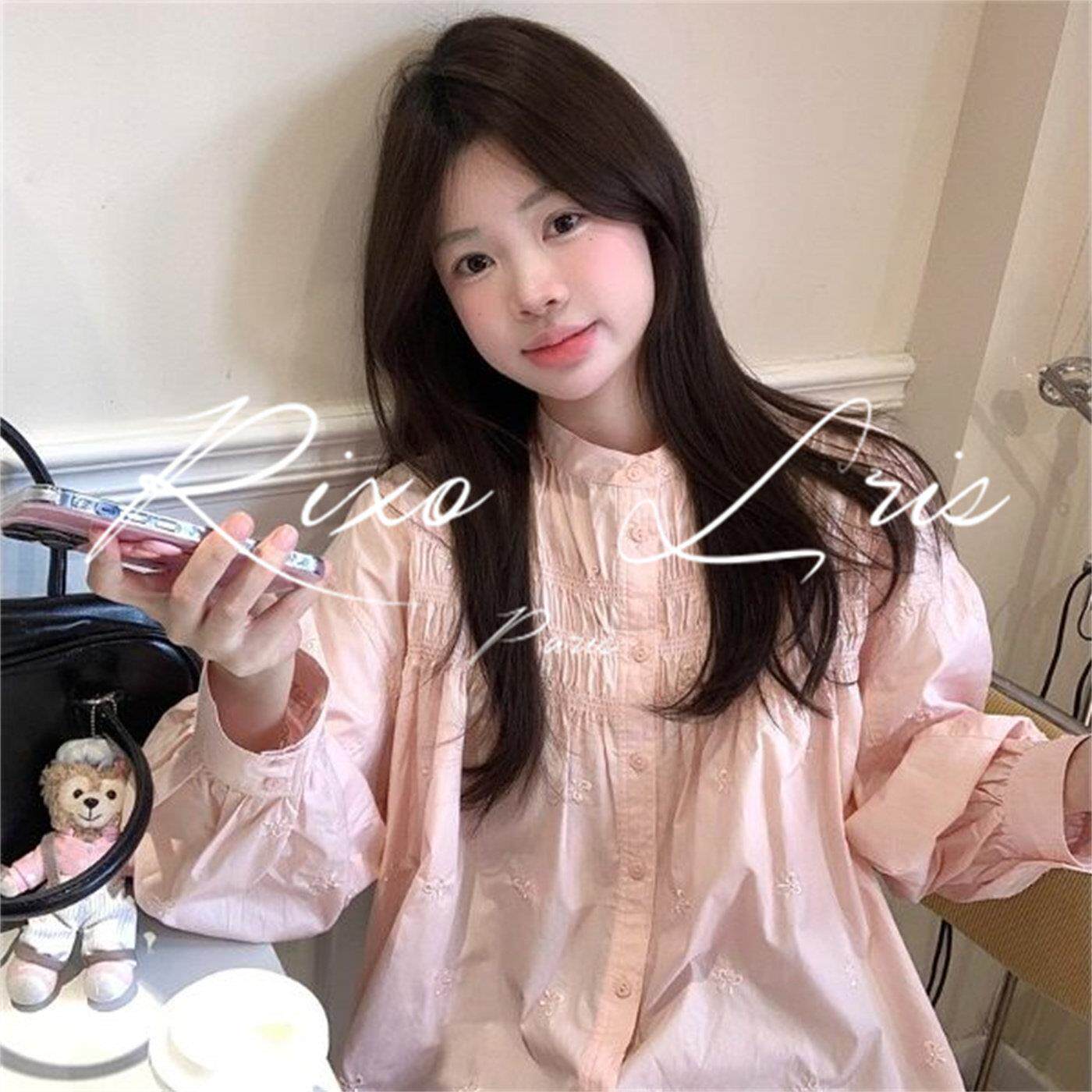 RIXO LRIS法式粉色蝴蝶结刺绣衬衫女春秋季新款宽松甜美长袖上衣