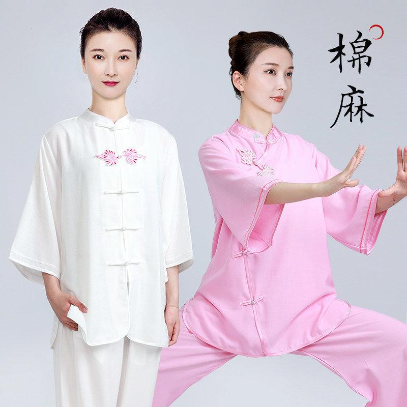 香港太极服女新款洋派棉麻亚麻太极拳练功服女夏季透气短袖薄款潮