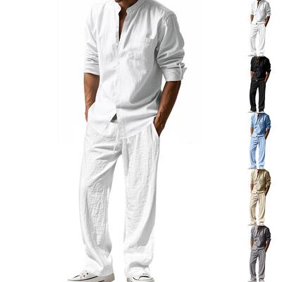 Mens Linen TwoPiece Set Classic Button Shirt Drawstring