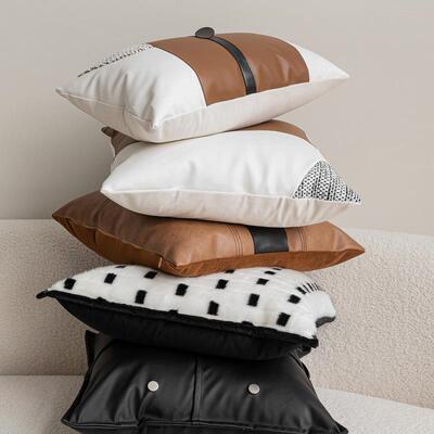 高端轻奢现代抱枕发客厅样板房黑白咖色皮质ZGU靠垫间床沙头靠棕