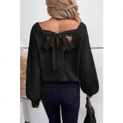 Women'S Bow Decor Feminine Sweater, Casual Loose Long,