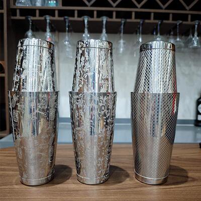304不锈钢美式厅杯酒吧两段式调酒师shaker蚀刻刻花玫瑰金摇酒壶