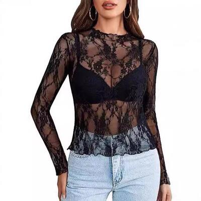 Lace women's long sleeved enterprise collar transparent