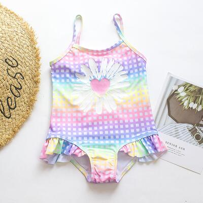 Peach heart printed checkered one-piece girls' swimsuit