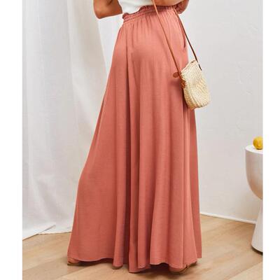 Womens Plain Pocket Drawstring Paper Bag Waist Wide Leg