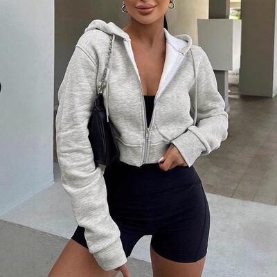 Women'S Full Zip Up Cropped Fleece Lining Sweatshirts Jacket