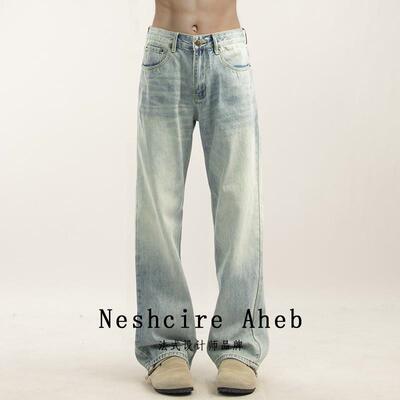 Neshcire Aheb 秋季新款美式休闲复古男裤做旧直筒牛仔裤宽松潮牌