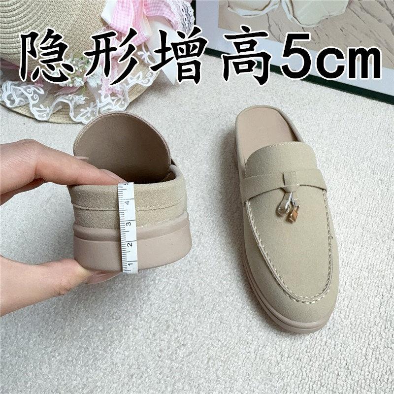 香港真皮内增高包头半拖鞋女夏外穿2026新款流苏锁扣一脚蹬穆勒鞋