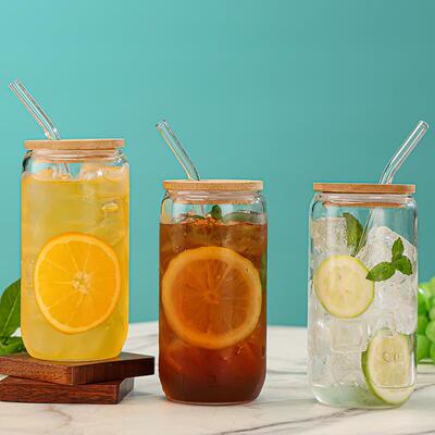 热销16oz高硼硅可乐水杯简约耐高温咖啡饮料透明带竹盖吸管玻璃杯