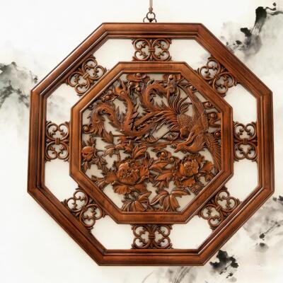 东阳木雕八角福字挂件中式玄关背景墙壁挂香樟木雕刻仿古八角花窗