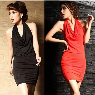 Party～妩媚高贵 气质无袖堆堆领挂脖子露背性感包臀连衣裙 1100