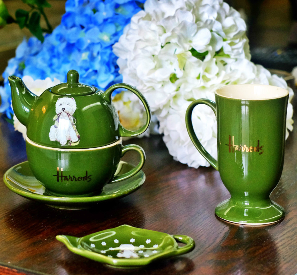 英国哈罗斯Harrods外贸西高地绿色陶瓷子母茶壶茶杯咖啡杯骨瓷