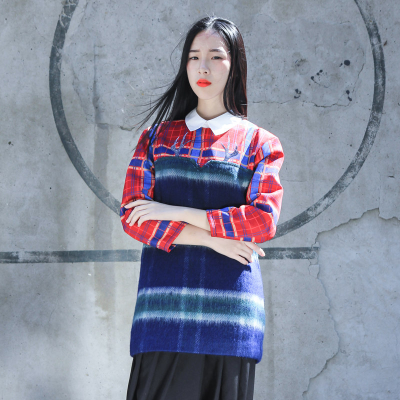 复古秋冬格子连衣裙羊毛鹿角印花拼接长袖dizzit同款（无领哦）_虎窝淘