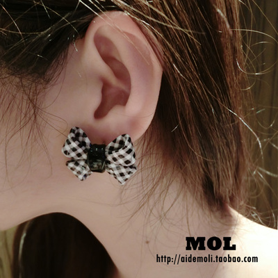韩国进口饰品甜美格纹蝴蝶结耳针