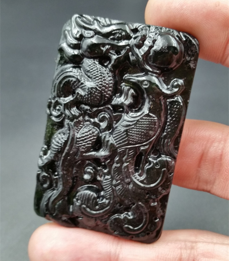 A货天然玉石新疆和田墨玉龙凤呈祥玉挂件墨玉龙凤玉吊坠