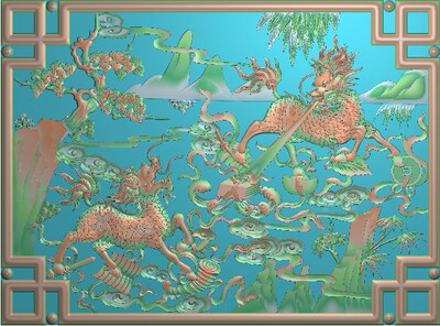 高清设计浮雕图精雕图jdp灰度图bmp设计素材精品双麒麟锣空动物