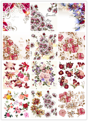 A2470矢量玫瑰花朵三色堇花纹背景图案 AI设计素材