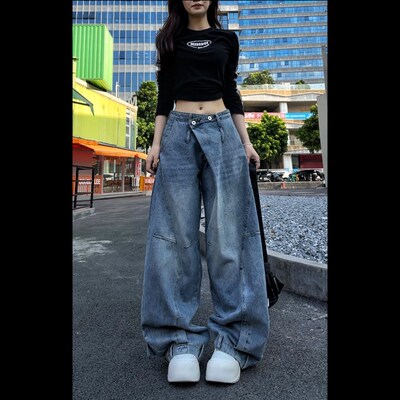 33269不规则宽松牛仔裤2024年早秋新款百搭高街直筒显瘦休闲裤女