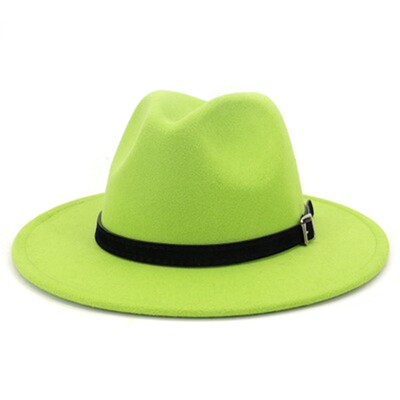 Wo Wide Brim Wool Felt Fedora Panama Hat with Belt Buckle Ja