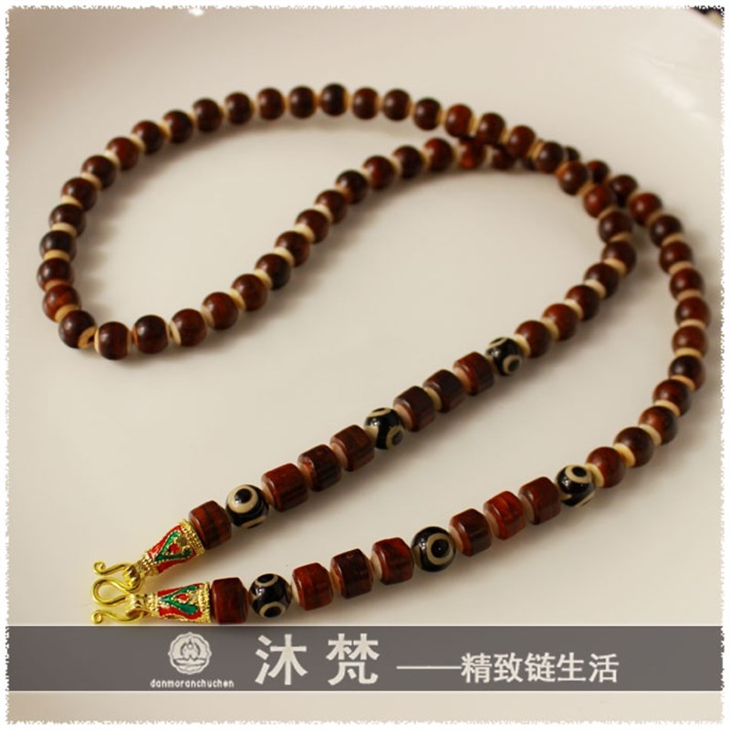 现货高端佛牌项链挂链 r老料小叶紫檀木镶河马牙骨佛珠 天珠项链