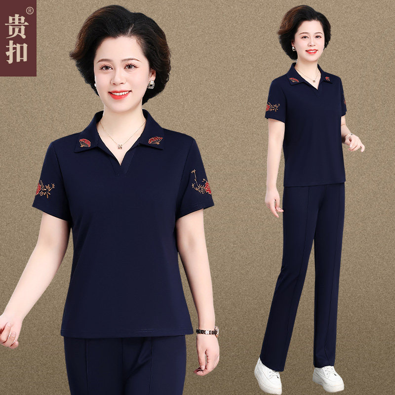 热销妈妈夏装套装洋气大码新款中老年人短袖T恤国风上衣运动服女