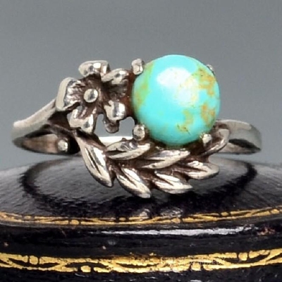 庭院天然绿松石手工古董老银戒指