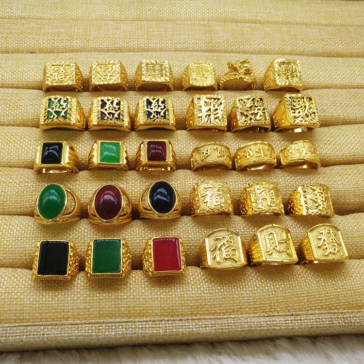 新款欧币镀24k戒指男士夸张霸气越南沙金镶宝石发财福仿黄金戒指