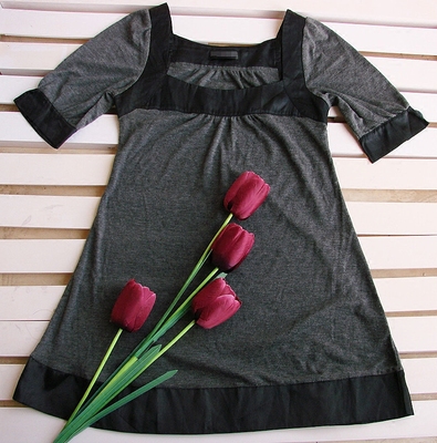 欧美气质黑色缎带方领灰色棉质短袖连衣裙