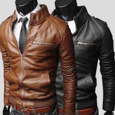 Men's Slim Fit PU Leather Jacket 新款男士皮衣外套修身皮夹克