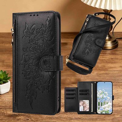 适用谷歌11ProXL蝴蝶压花挂绳皮套10A斜挎翻盖手机壳Pixel9多卡保护套Pixel8Pro拉链钱包保护壳